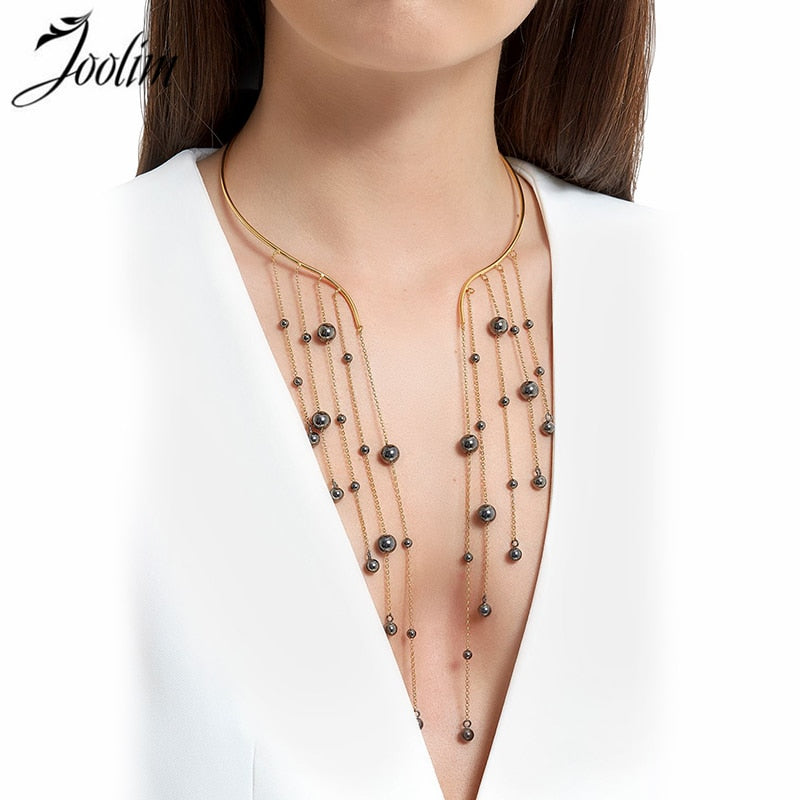Waterfall Semi-Precious Dark Gray Natural Stone Open Gold Choker Neckl ...