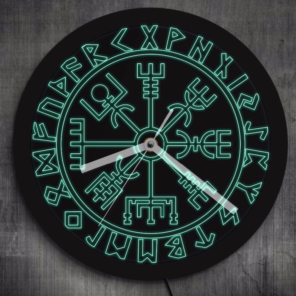 Viking Vegvisir & Runes LED Neon Wall Clock Glow-in-Dark Changes Color ...